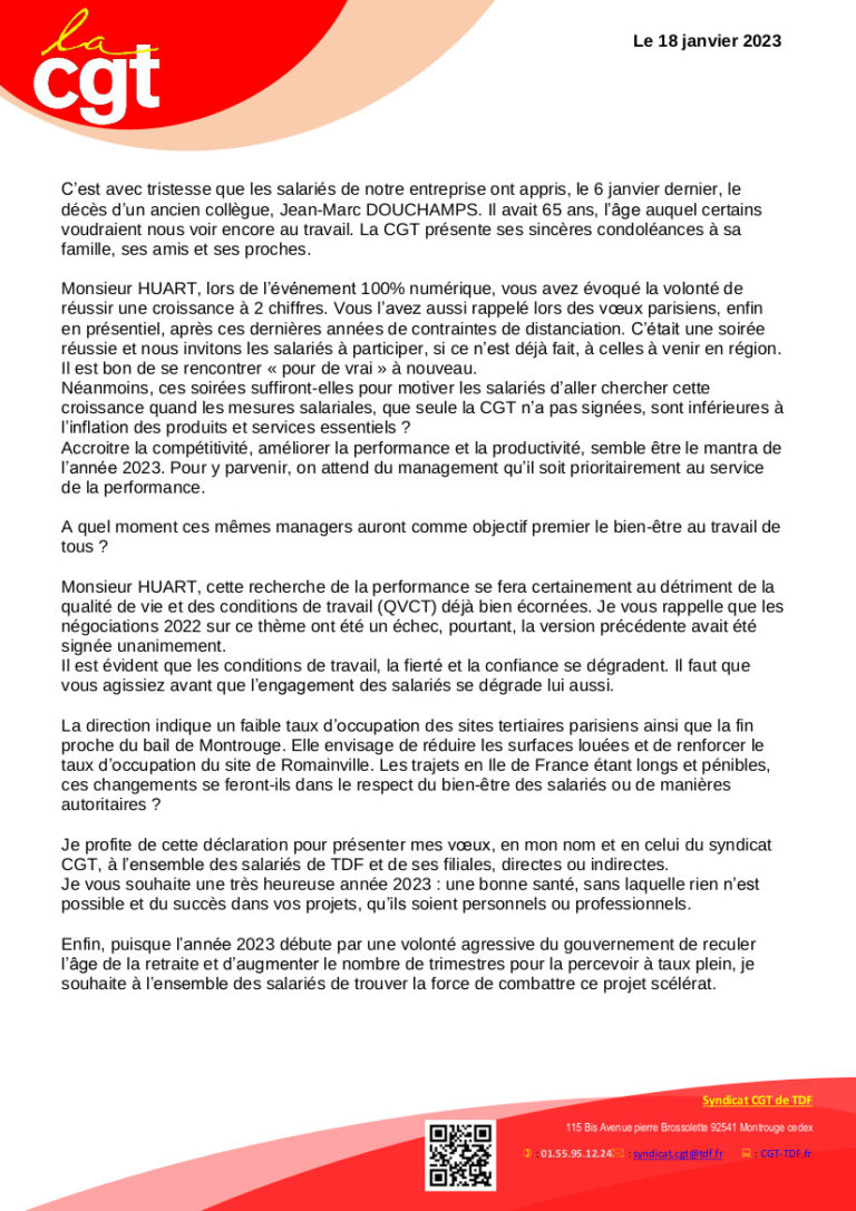 Lire la déclaration CGT au CSE du 18 janvier 2023. - Cgt-tdf.fr